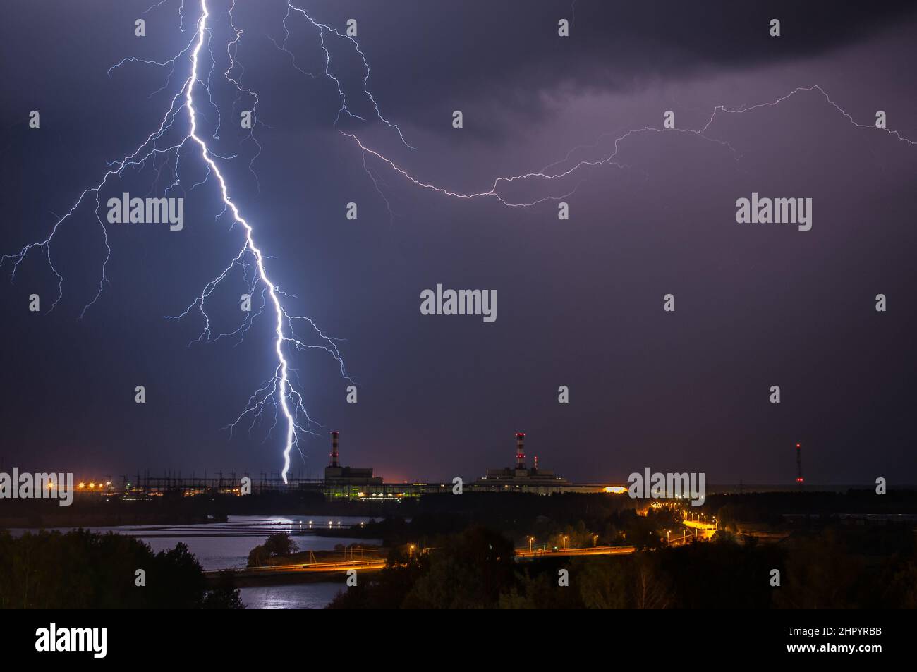 Thunderstorm above power plant with gorgeous lightning at night Stock ...
