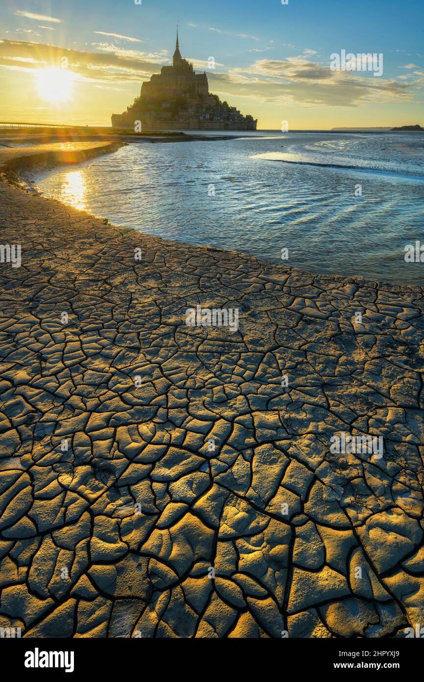Mont Saint Michel Bay at low tide at dusk, Normandy, France Stock Photo ...