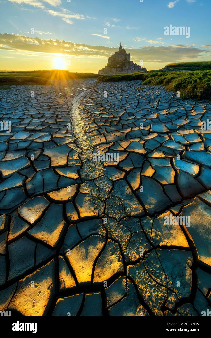 Mont Saint Michel Bay at low tide at dusk, Normandy, France Stock Photo ...