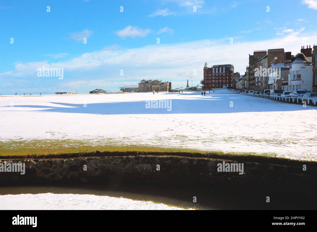 Fife,Scotland, 24th February 2022 , Snow fall on The famous Old Course ...
