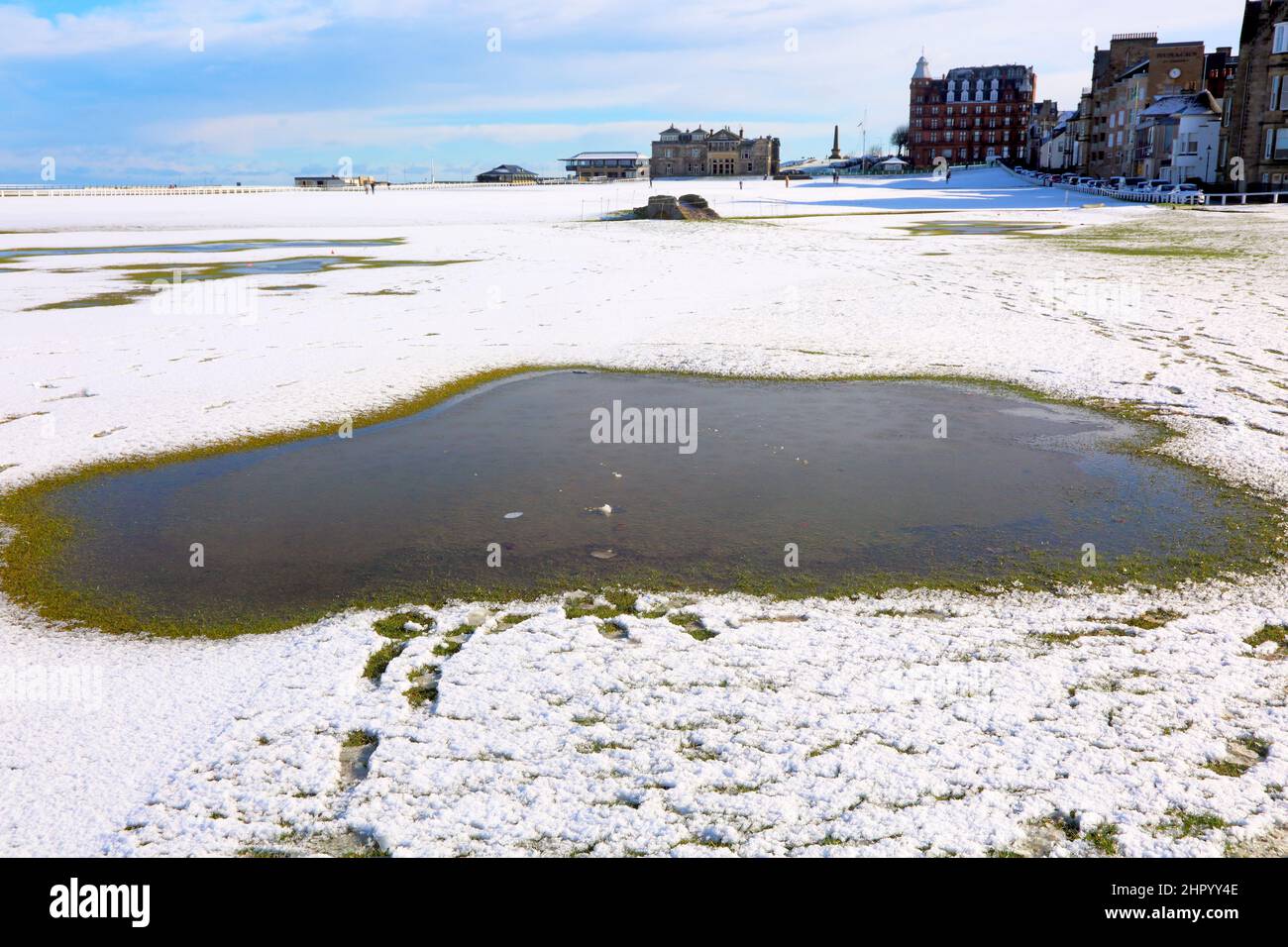 Fife,Scotland, 24th February 2022 , Snow fall on The famous Old Course ...