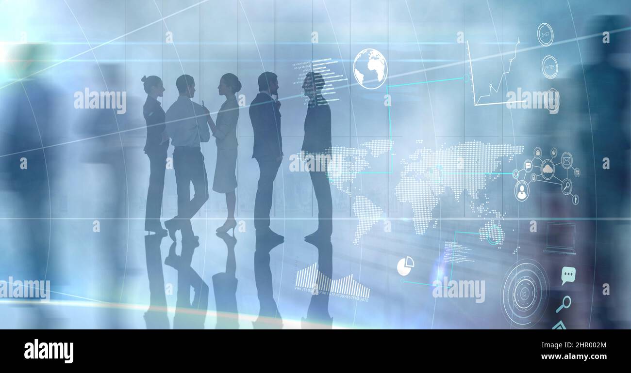 Digital interface with data processing and world map against ...