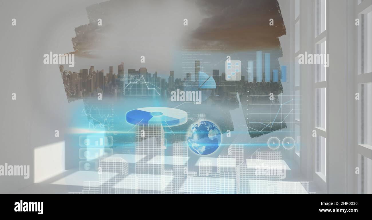 Digital interface with data processing against empty office and aerial ...