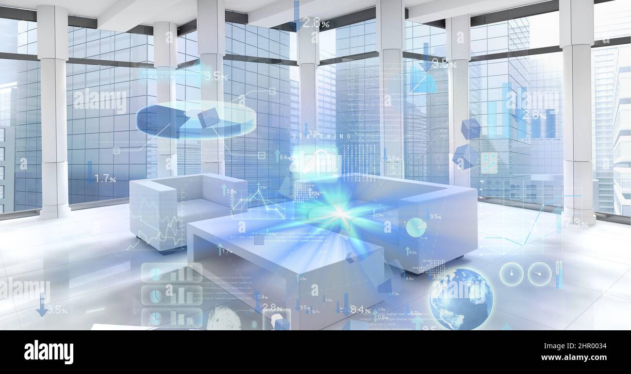 Digital interface with data processing and blue spot of light against ...