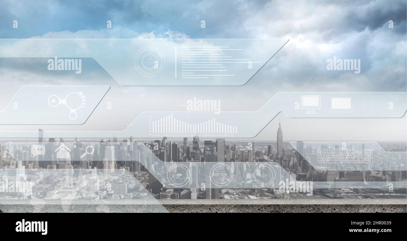 Digital interface with data processing against aerial view of cityscape ...