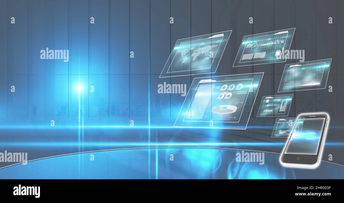Multiple screens with data processing and smartphone against blue spots ...