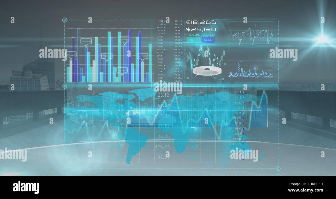 Digital interface with data processing and spot of light against aerial ...