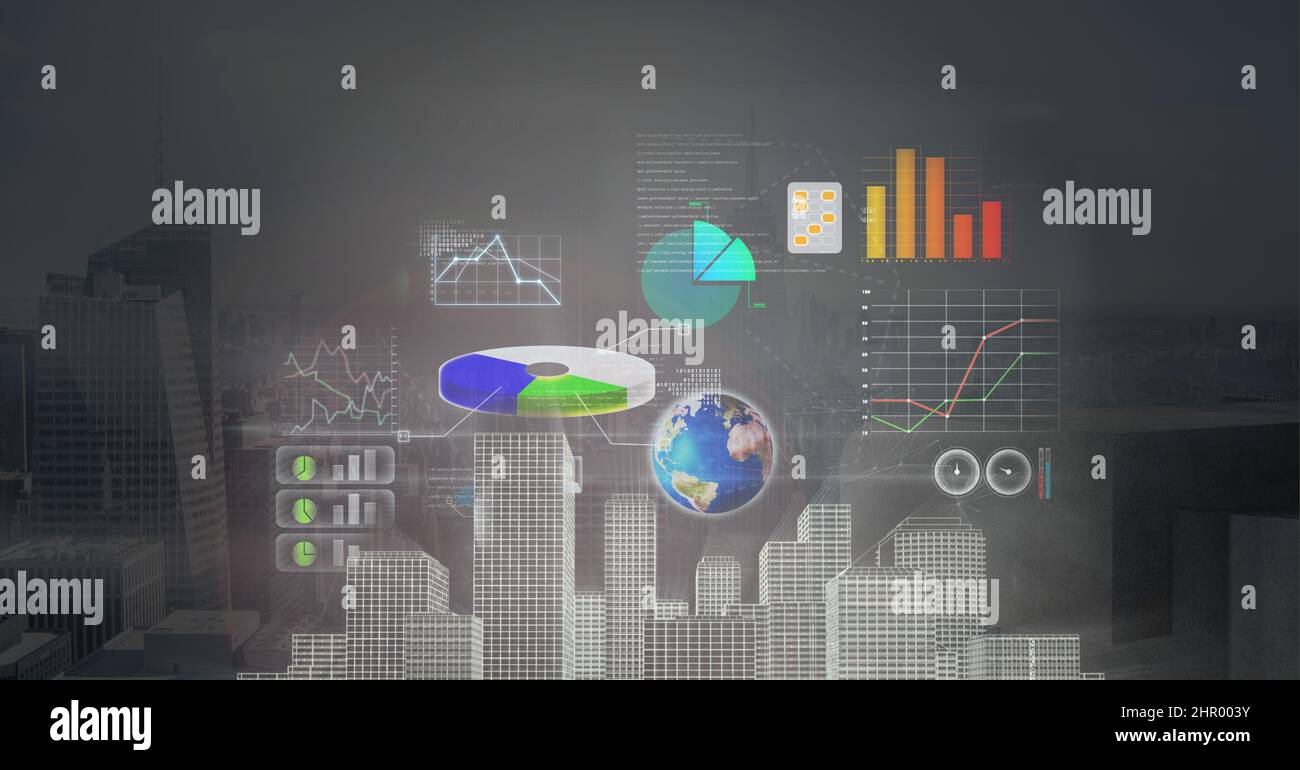 Digital interface with data processing and 3d city model against aerial ...
