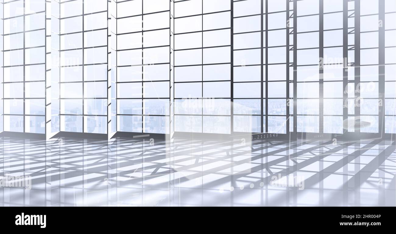 Digital interface with data processing against empty office in ...