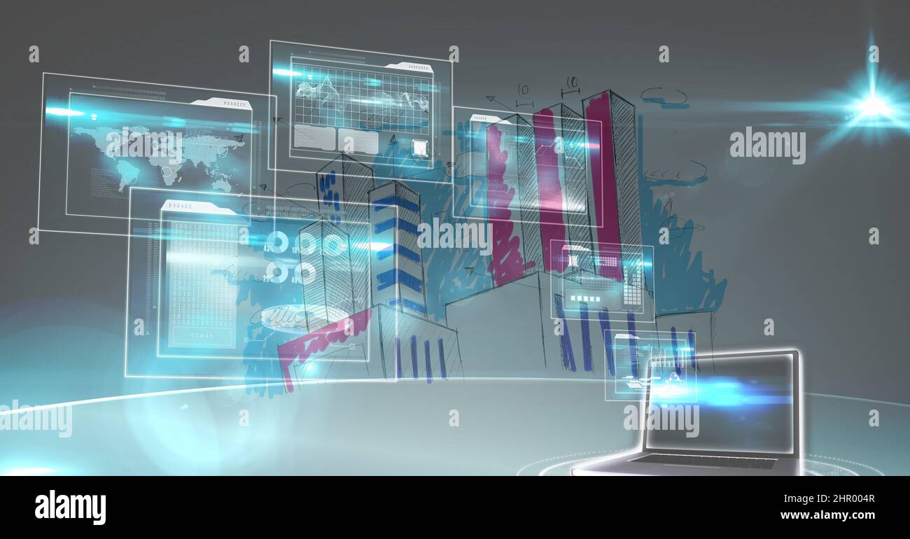 Multiple screens with data processing and laptop icon against painting ...