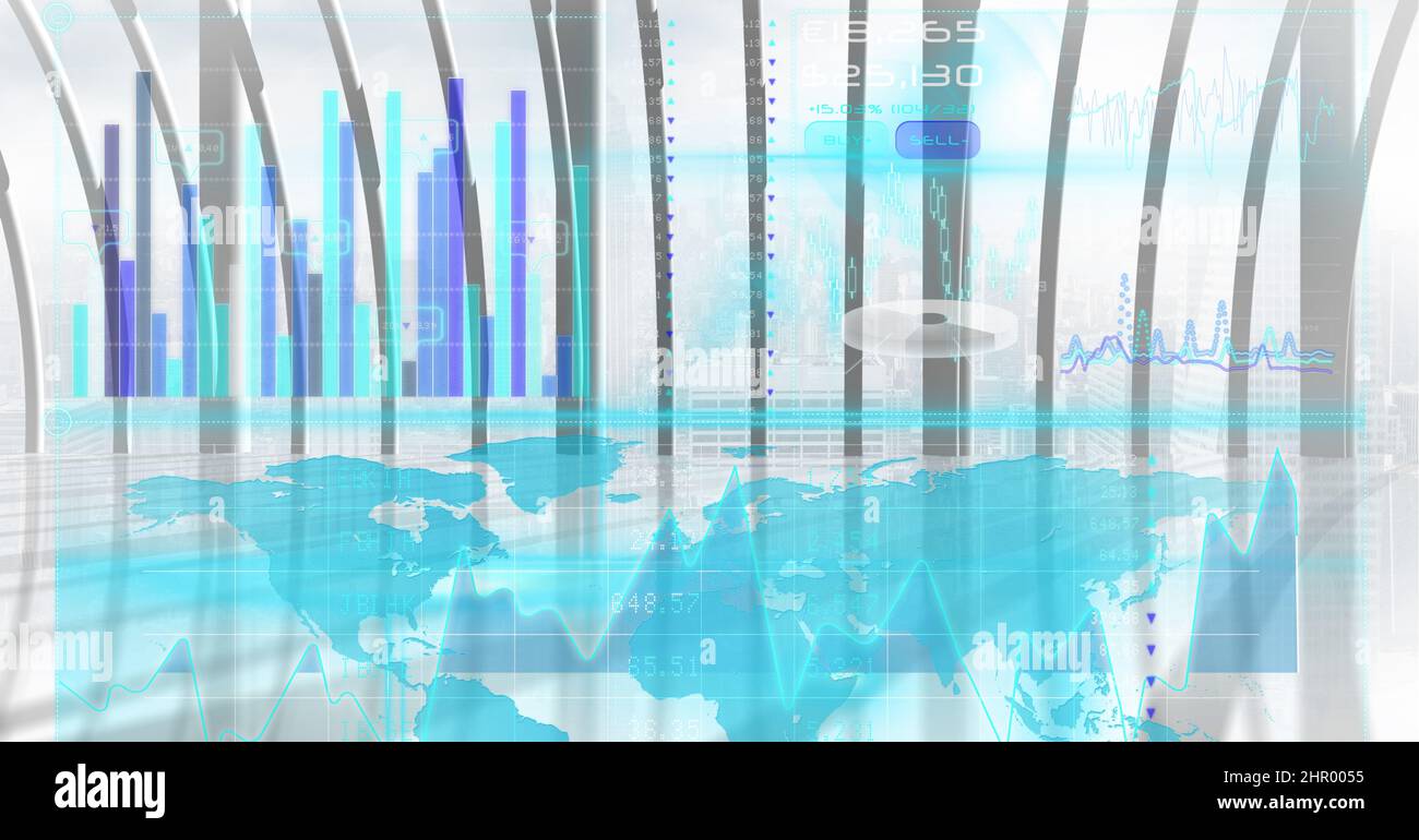 Digital interface with data processing and world map against empty office Stock Photo - Alamy