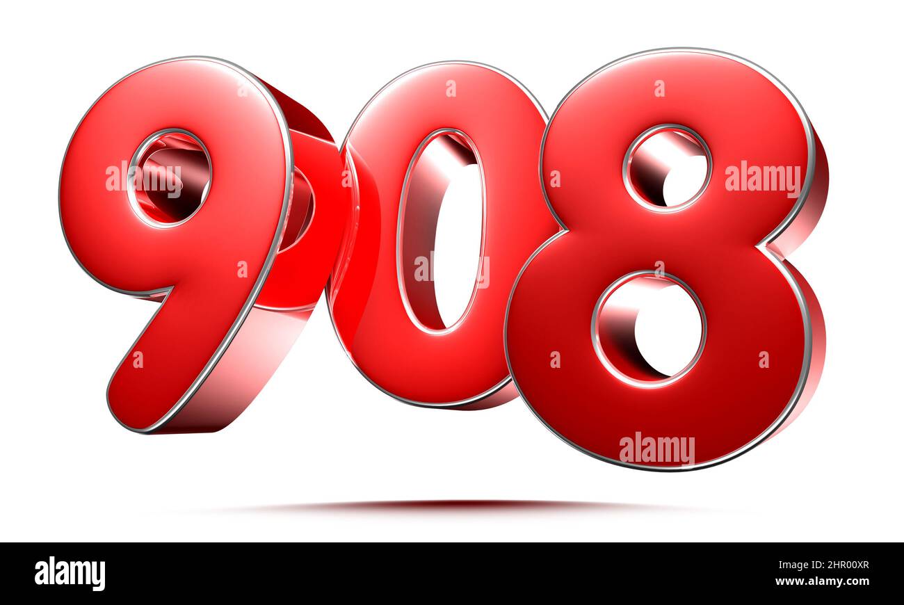 Rounded red number 908 on white background 3D illustration with ...