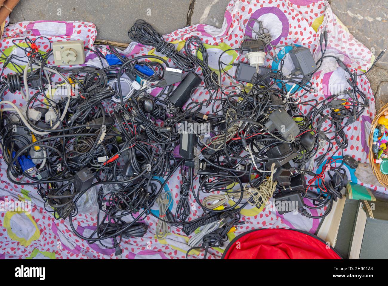 Electric Power Chargers and Wires Cables Cords Mess Stock Photo - Alamy