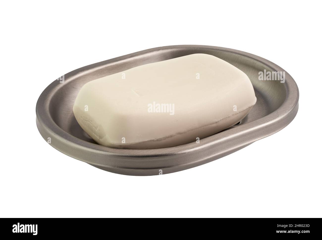 Bathroom: bar of natural white soap in a soap plate, metallic, isolated ...