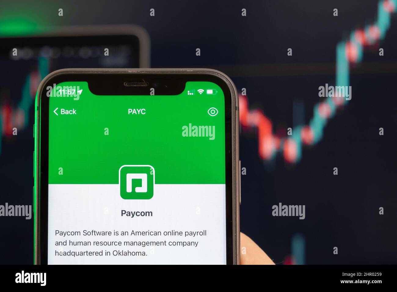 Paycom stock price increasing on the trading market with uptrend line ...