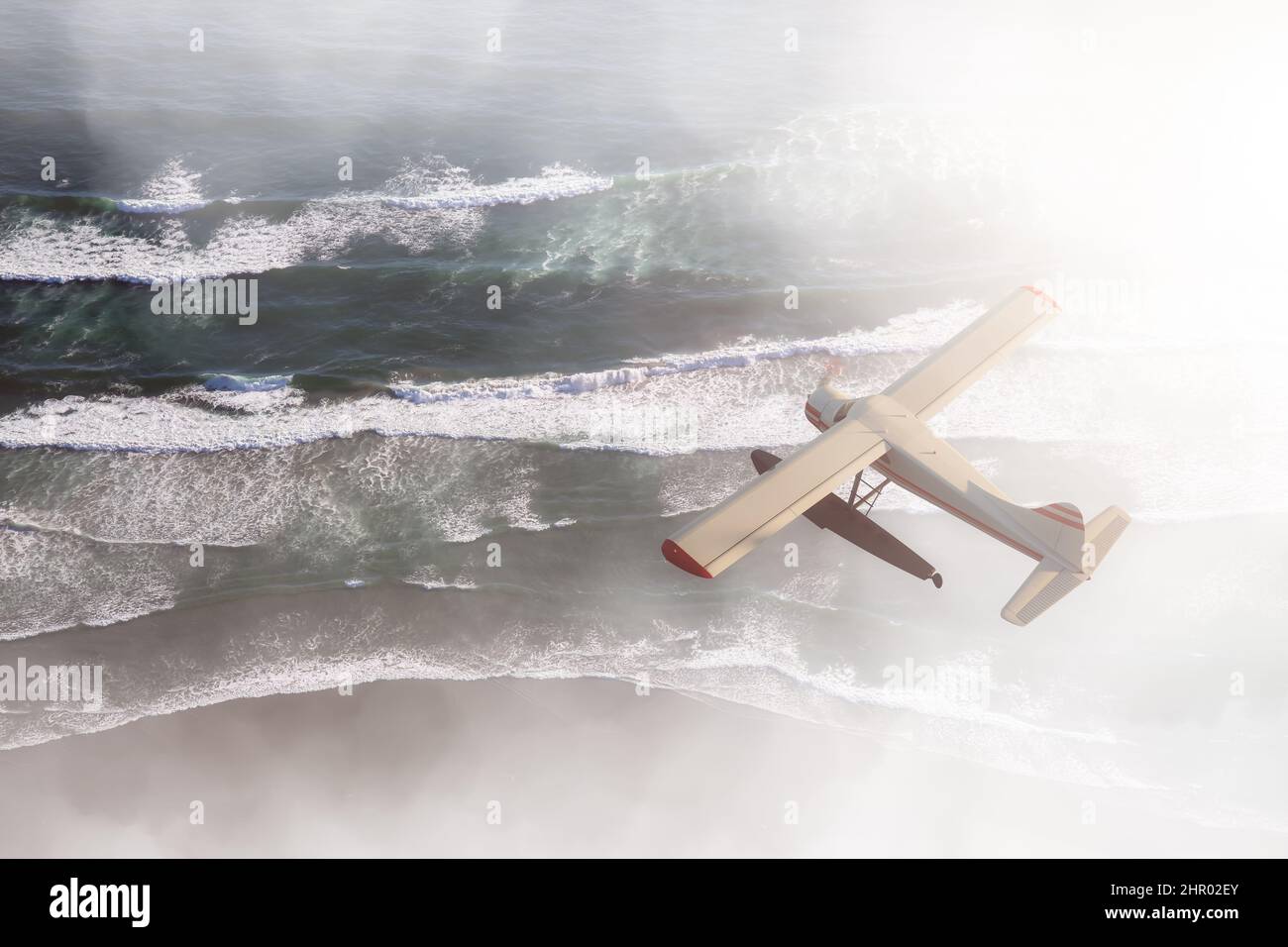 Seaplane Flying over the West Coast Pacific Ocean at sunset Stock Photo ...