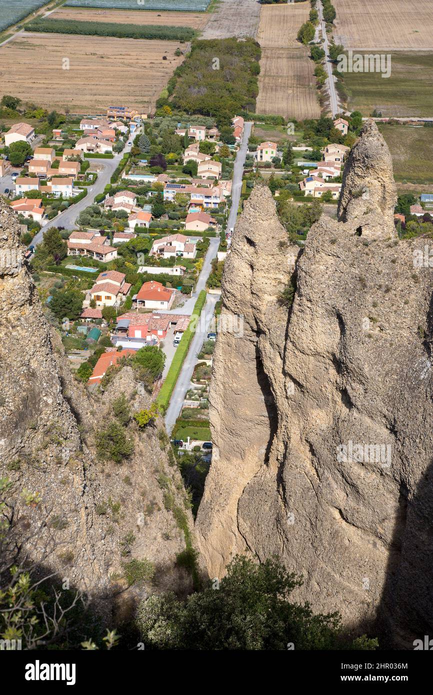 Les Mees village from the top of the Penitents des Mees rocks, Alpes de ...