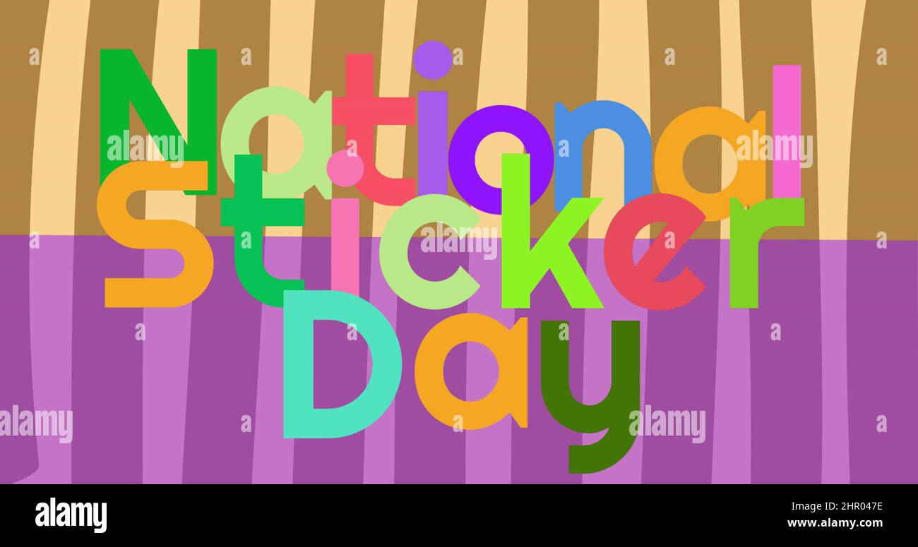 Image of national sticker day in multi coloured letters over purple and ...