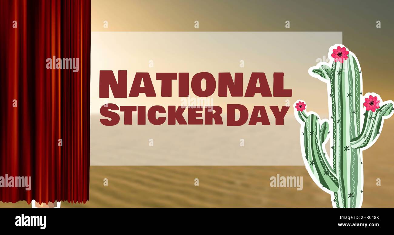 Image of red curtain revealing national sticker day text over yellow ...