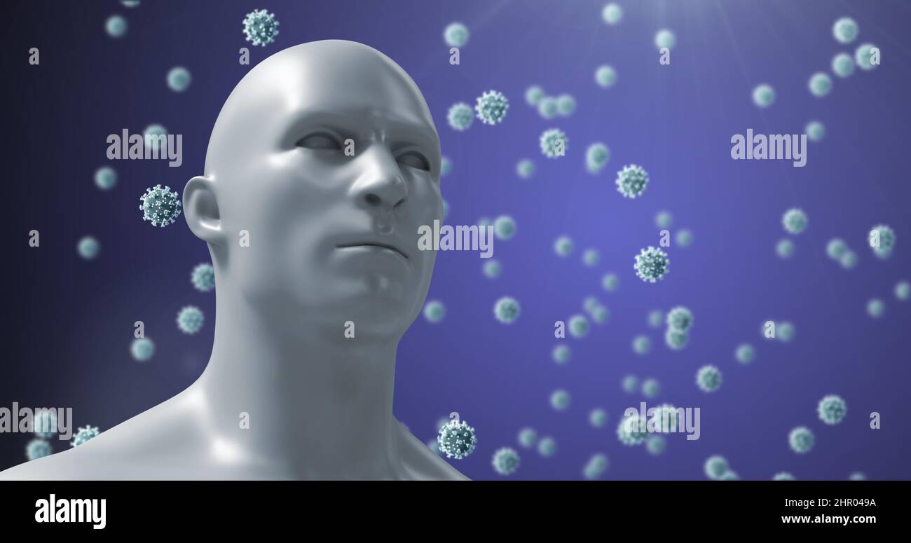 Image of virus cells floating over human head on blue background Stock ...