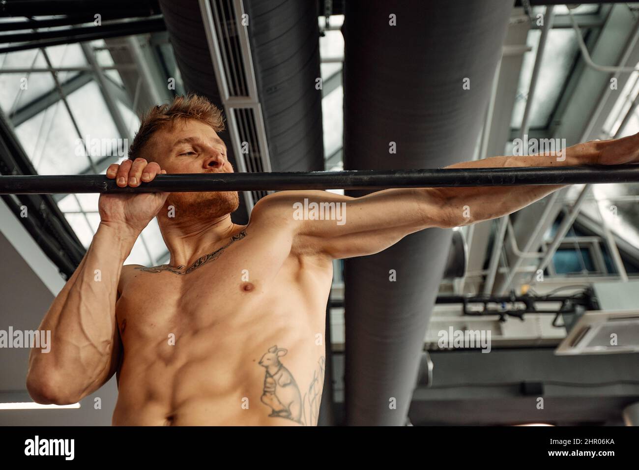 Muscular strong man exercising in the sport gym, Man doing horizontal ...