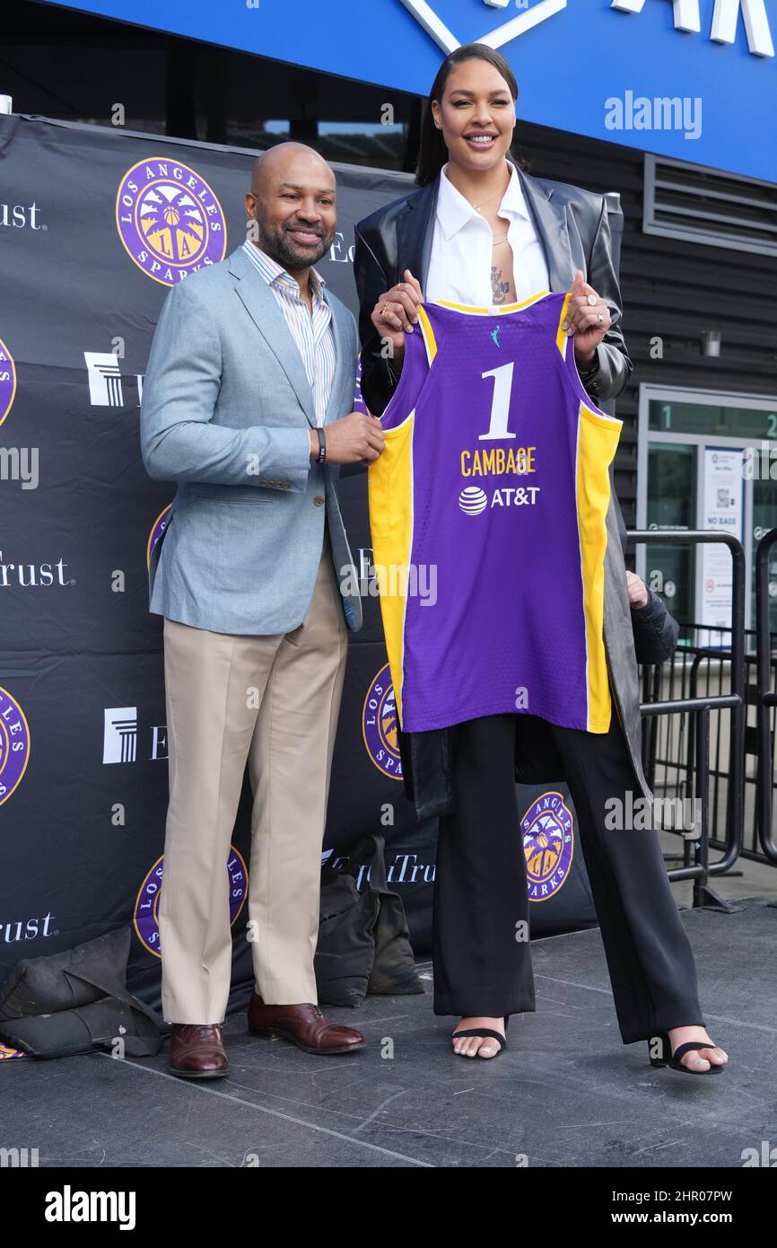 Liz Cambage (right) poses with Los Angeles Sparks general manager and ...