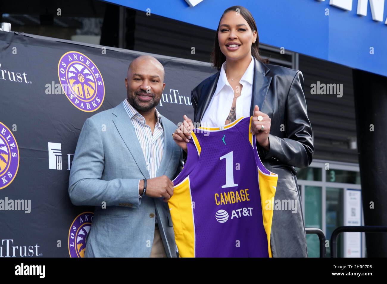 Liz Cambage (right) poses with Los Angeles Sparks general manager and ...