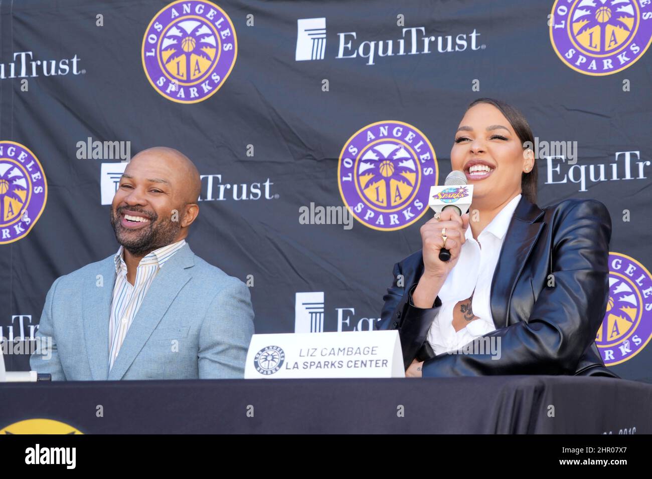 Liz Cambage (right) with Los Angeles Sparks general manager and coach ...
