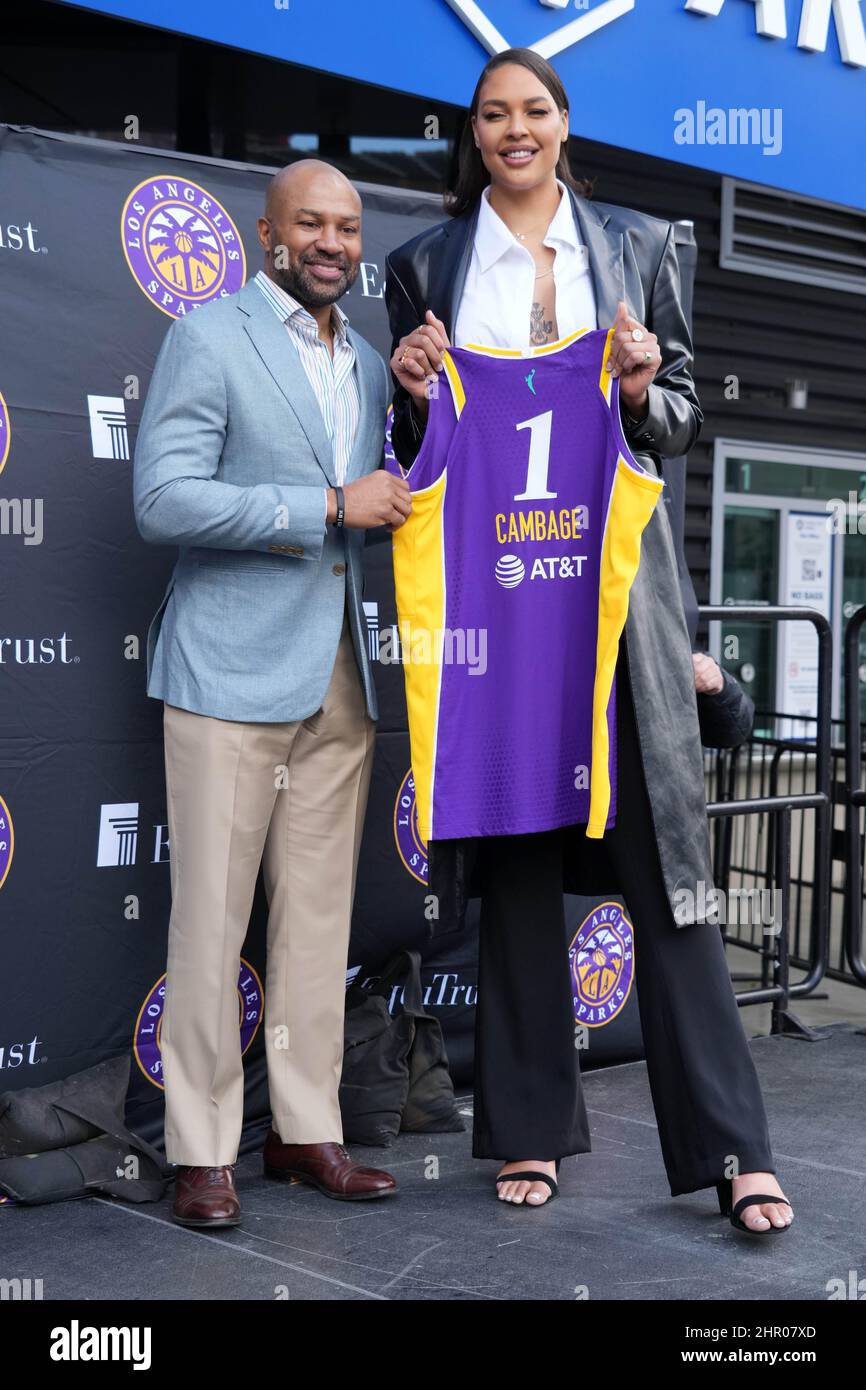 Liz Cambage (right) poses with Los Angeles Sparks general manager and ...