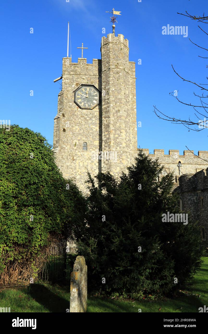View of church tower and clock of St Marys church, Chilham, Canterbury ...