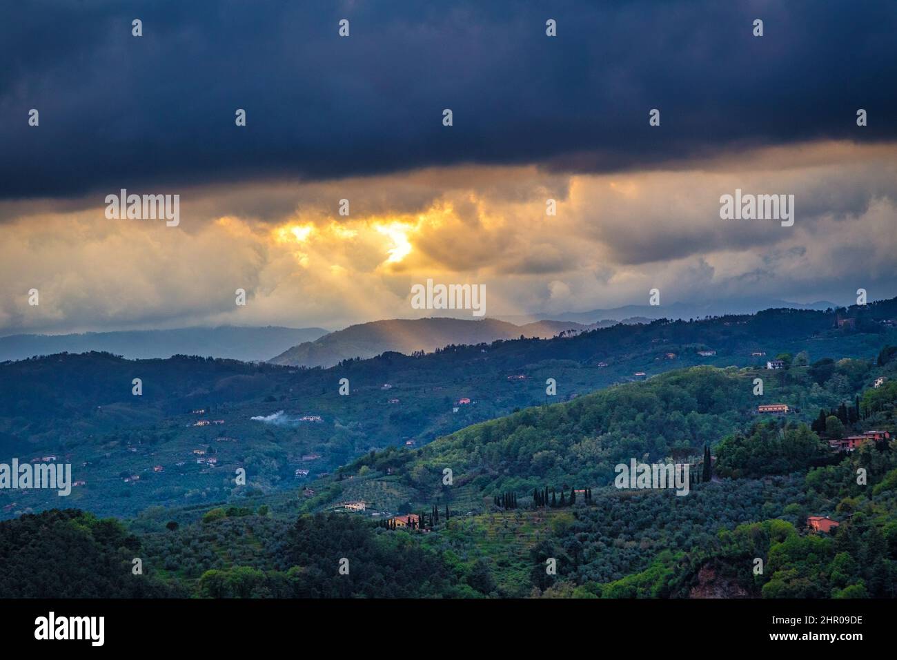 Sunset in landscape above Montecatini Terme town in Tuscany, Italy ...
