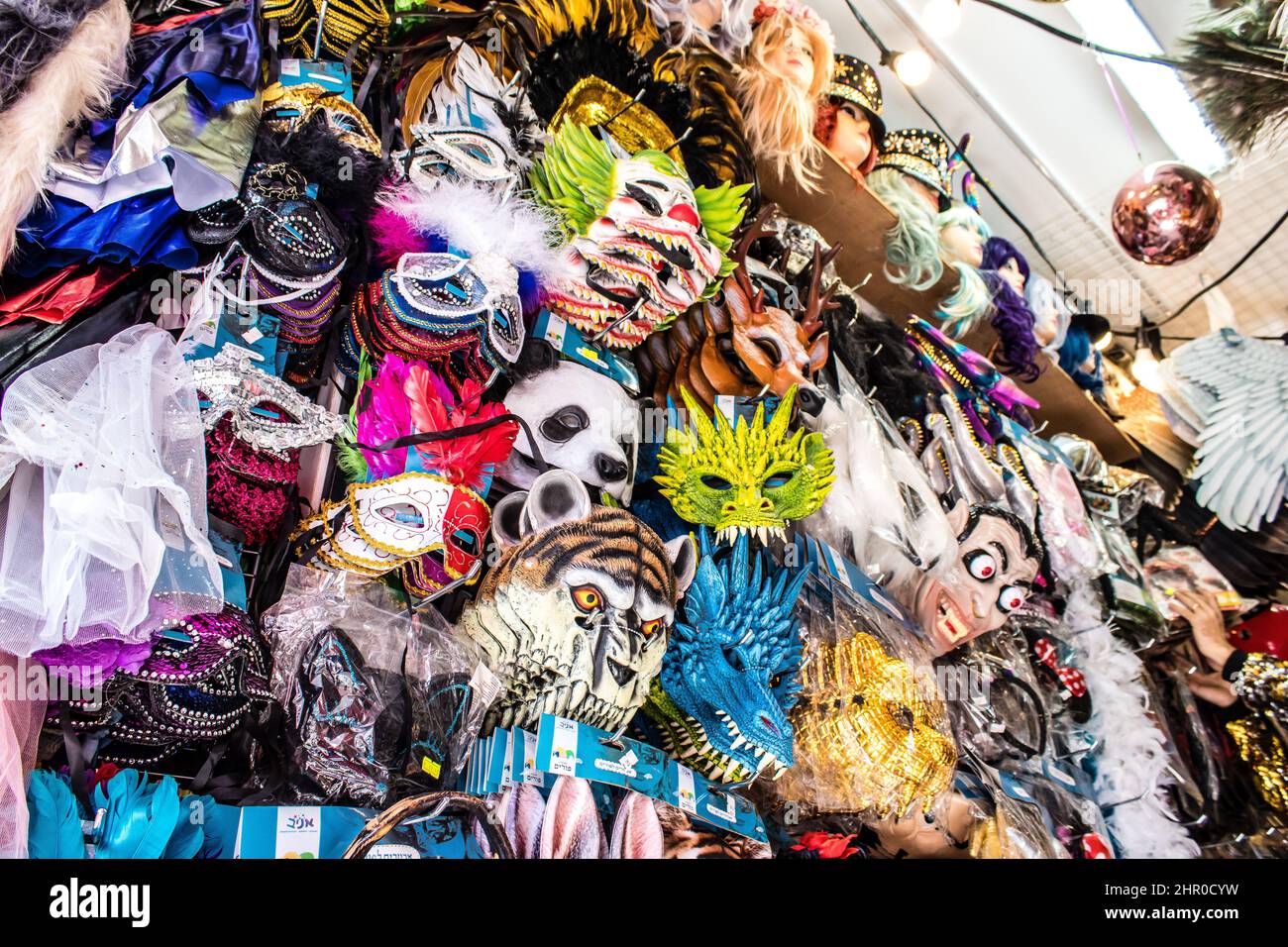 Tel Aviv, Israel - February 21, 2022 Costumes and accessories sold in ...