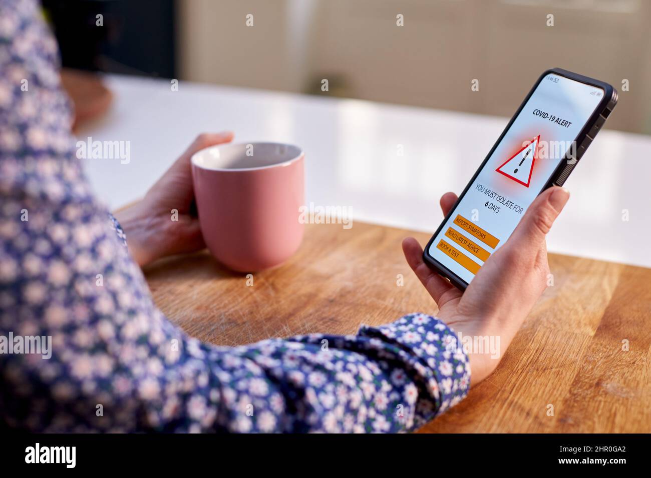 Close Up Of Woman At Home Holding Phone With Covid-19 Track And Trace ...