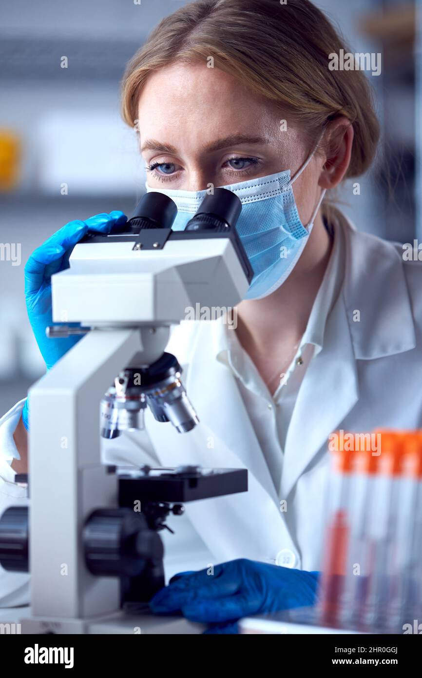Female Lab Worker Wearing PPE And Safety Glasses Looking At Slide Under ...