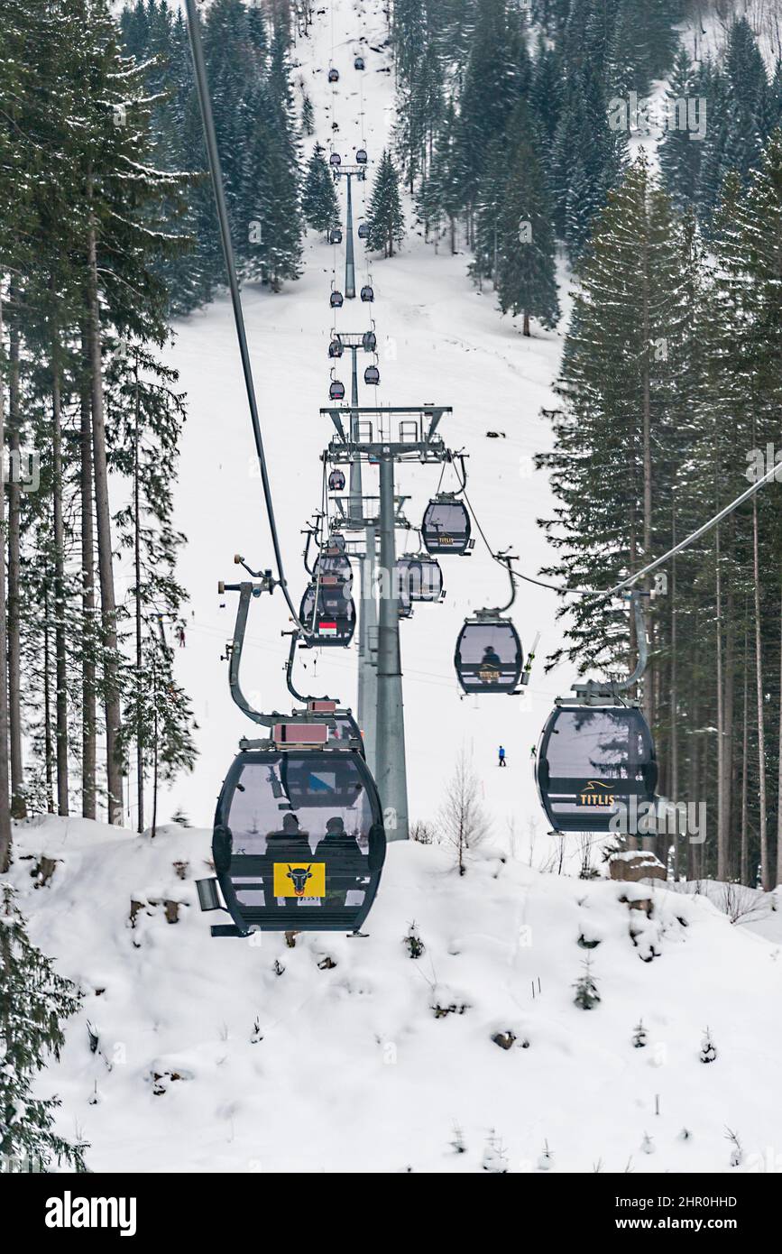 Swiss winter landscapes with ski cable car gondolas, on Mt Titlis near ...