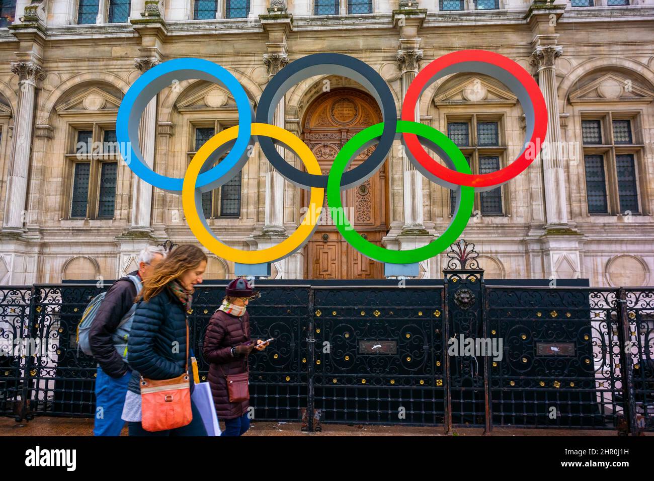 Paris, France, Close up, People Walking, Olympic RIngs Sign on Display ...
