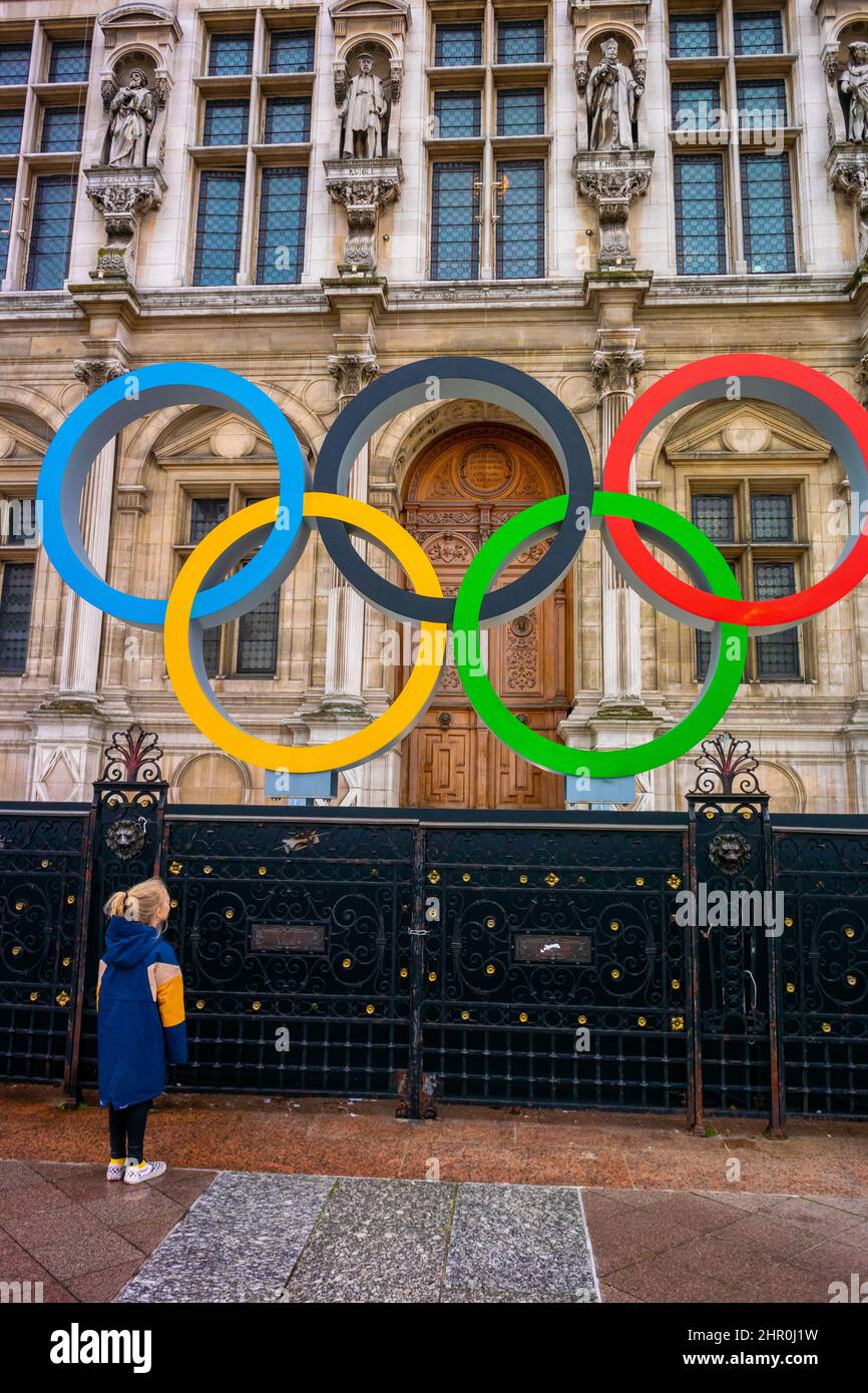 Paris, France, Close up, Olympic RIngs Sign on Display in Front of City ...