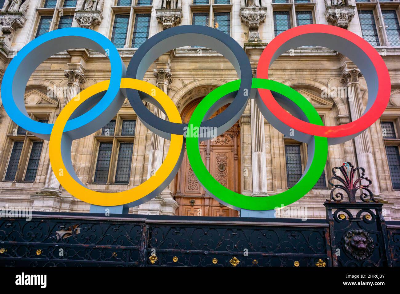 Paris, France, Close up, Olympic RIngs Sign on Display in Front of City ...