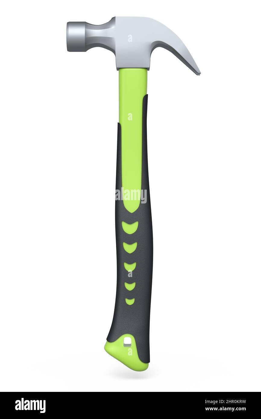 Black and green hammer with a rubberized handle isolated on white ...