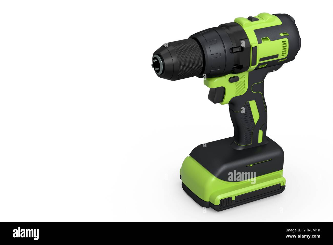 Cordless drill or green screwdriver isolated on white background. 3d ...