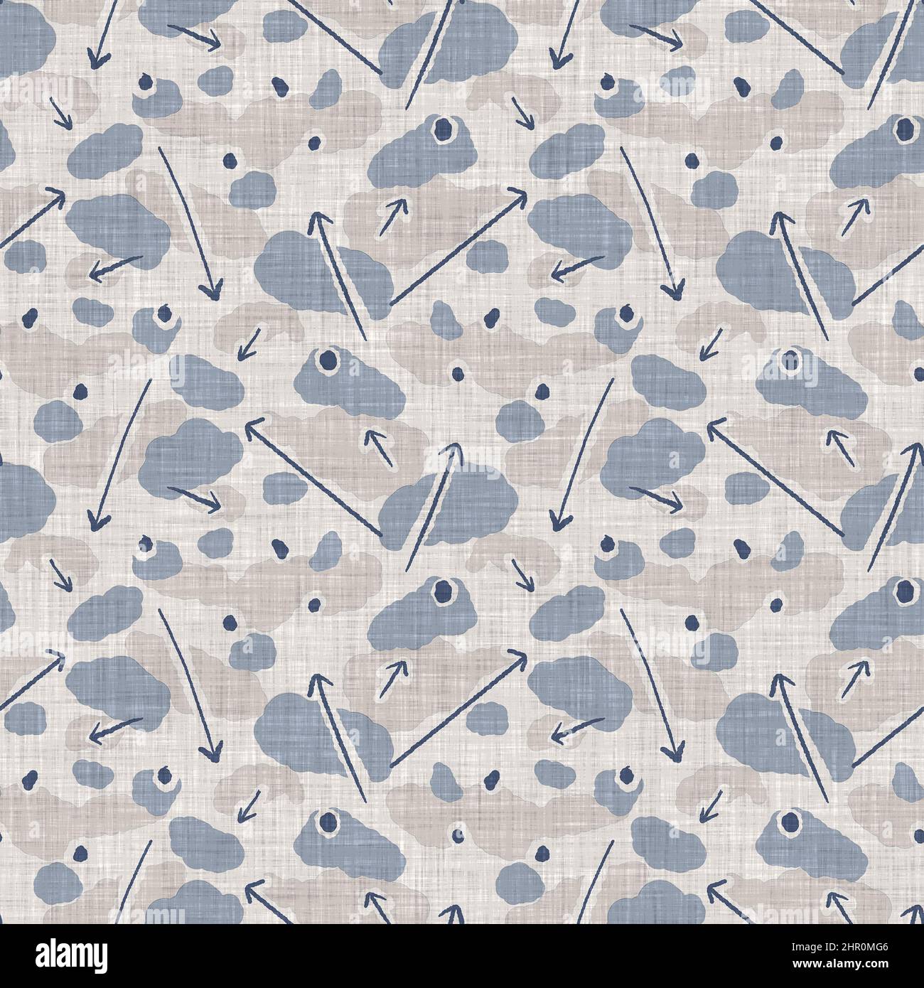 French blue doodle motif linen seamless pattern. Tonal country cottage ...