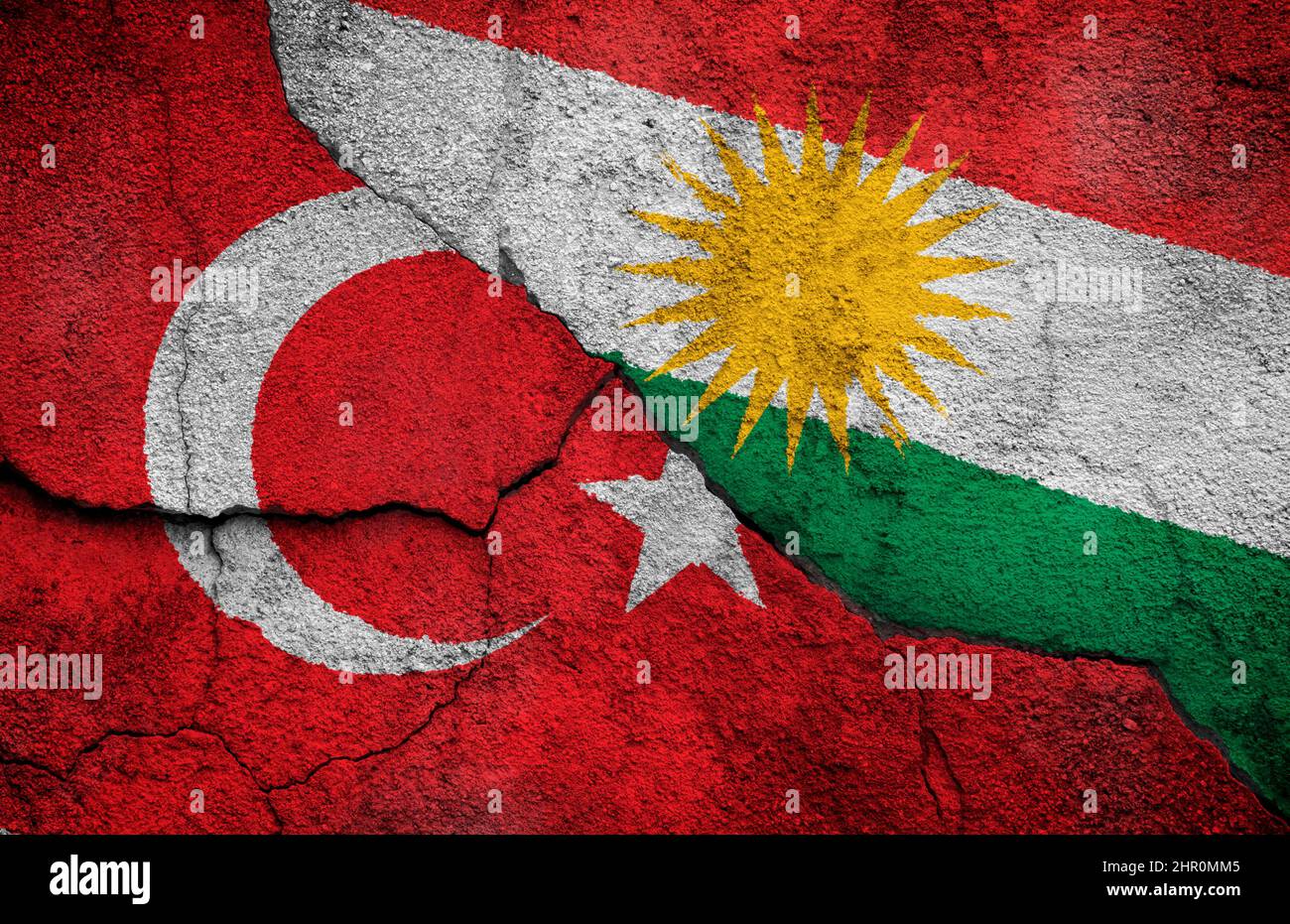 Full frame photo of weathered flags of Turkey and Kurdistan painted on ...