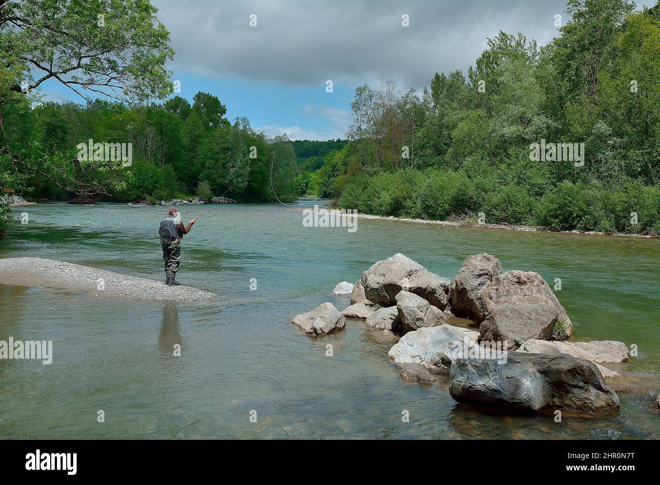 Fly fishing for trout on the Gave d'Ossau. Ossau Valley, Pyrenees ...