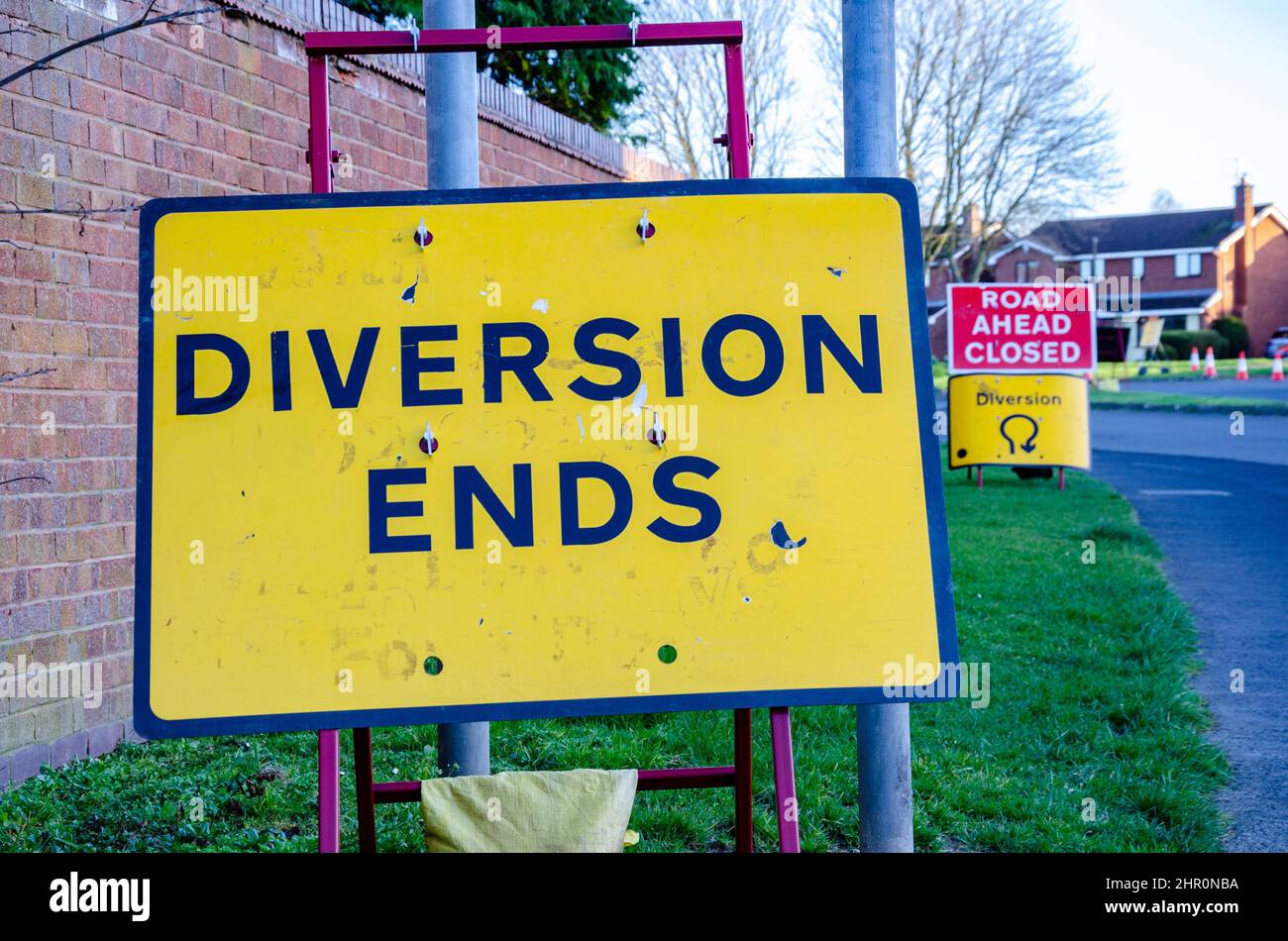 Road signs warning motorists of diverted traffic and road closures due ...