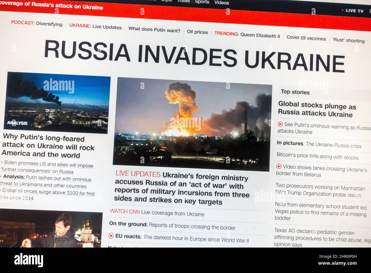 CNN News website headline on the day Russia invaded Ukraine on 24th ...