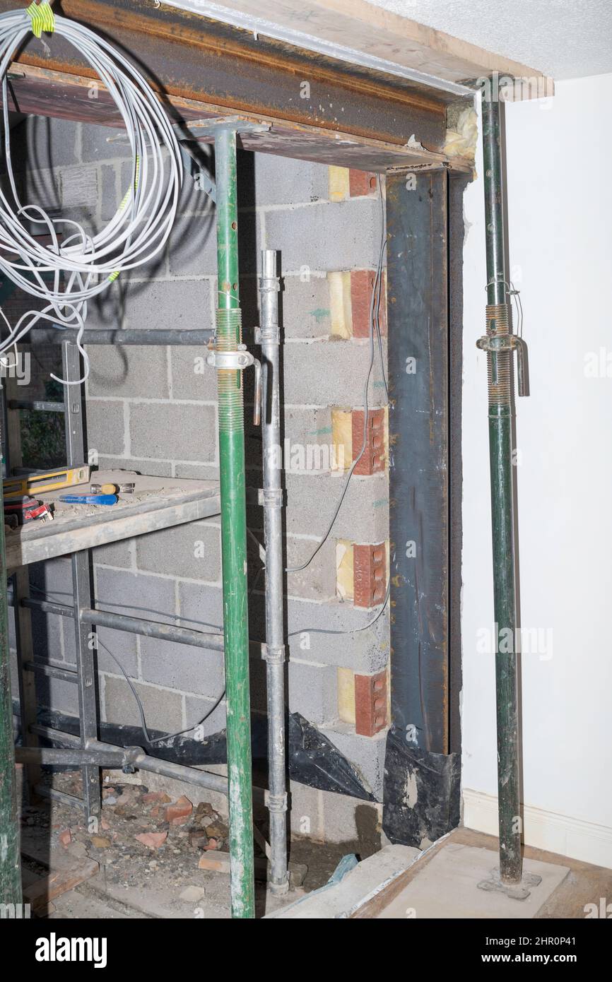 A steel beam and column used to support a building wall taken during ...