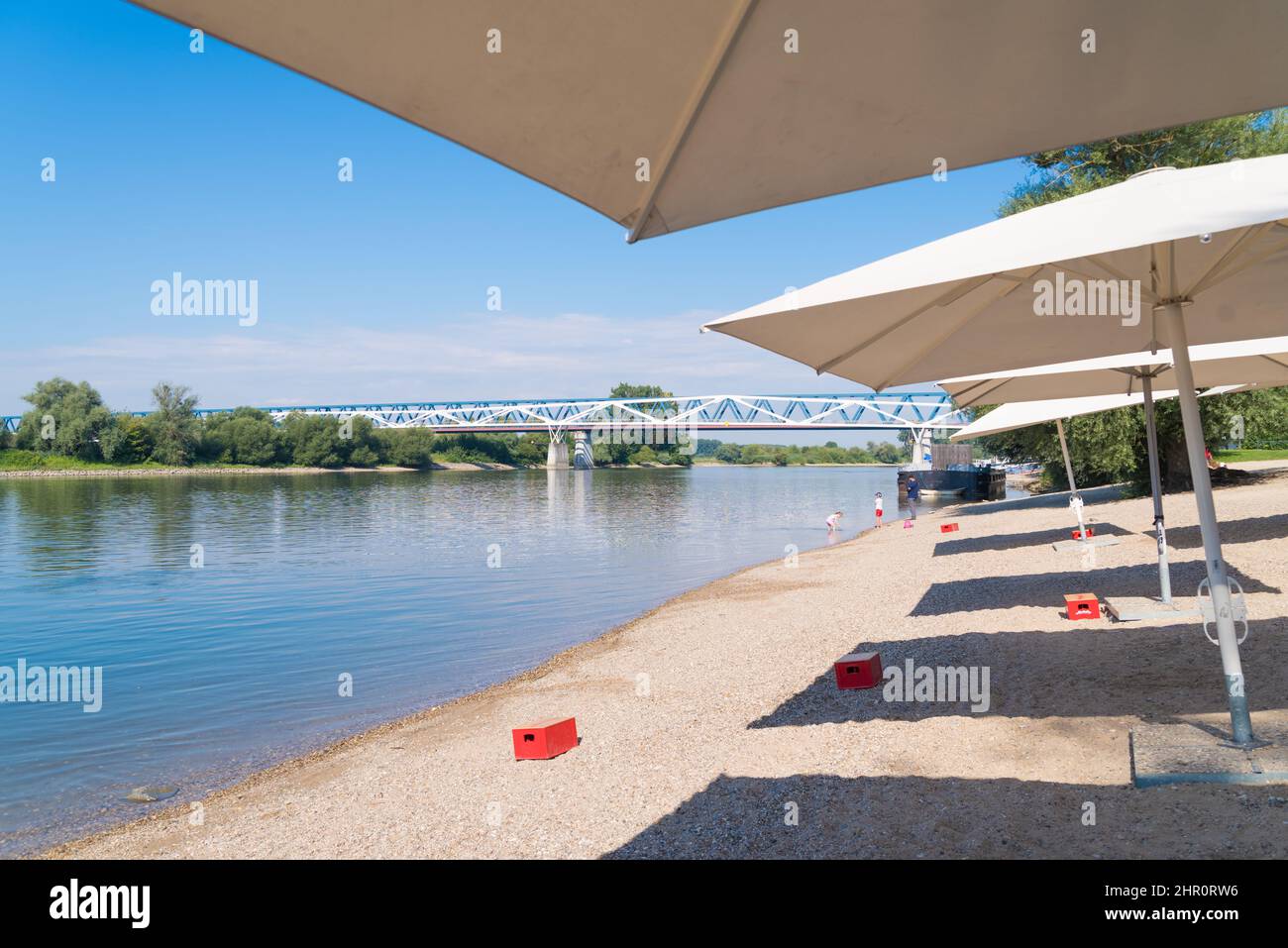 sandy beach bar at the shore of the Donau river at Deggendorf, Germany ...