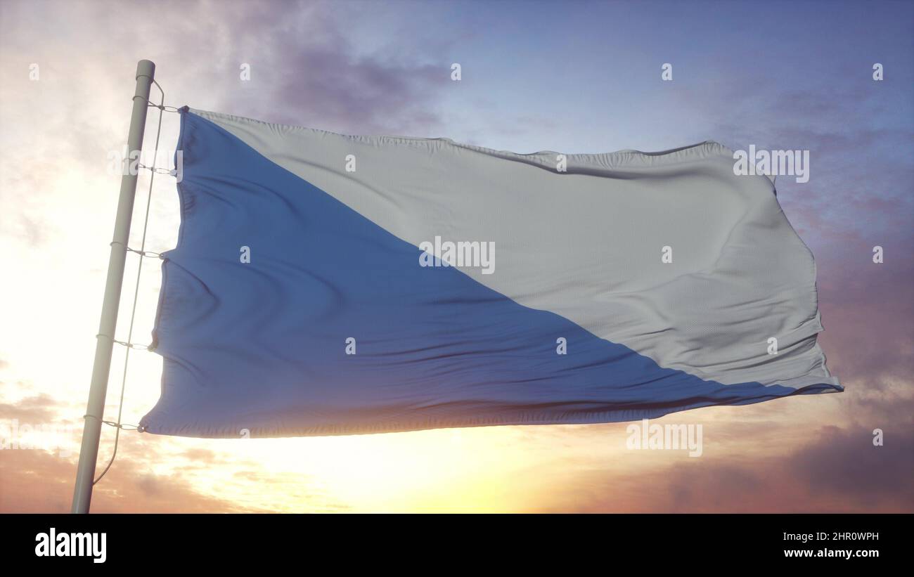 Zurich flag, Switzerland, waving in the wind, sky and sun background ...