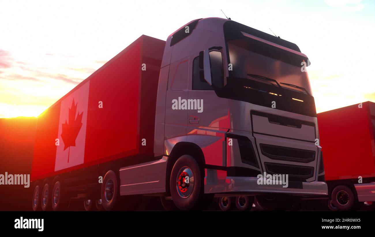 Cargo trucks with Canada flag. Trucks from Canada loading or unloading ...