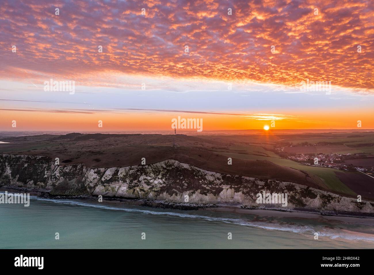 Cape Blanc-Nez seen from the sky at sunrise, Pas de Calais, Opal Coast ...